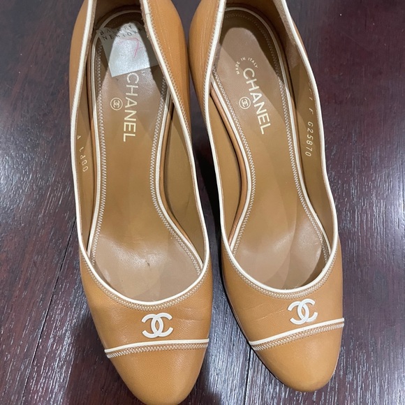 CHANEL | Shoes | Chanel Cc Camel Heels With White Stich Details | Poshmark